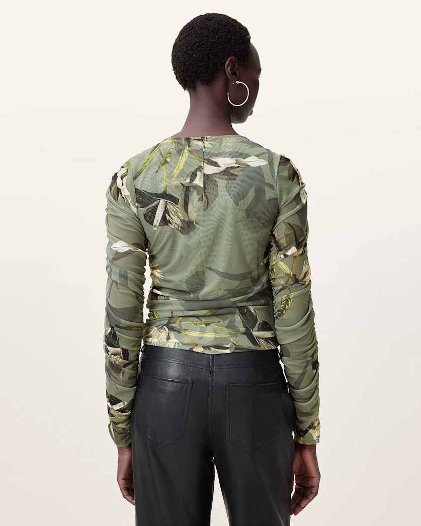 Hanako Print Mesh Wrap Top EMERGE OLIVE GREEN | ALLSAINTS